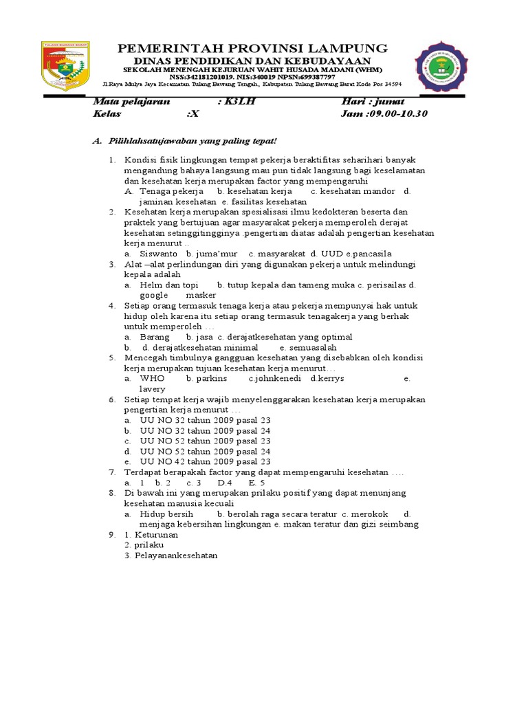 Soal k3lh Kelas X | PDF
