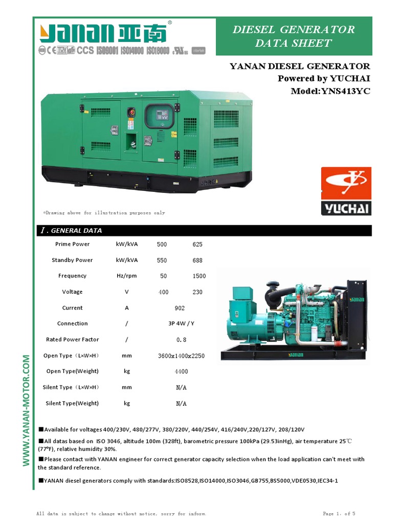 Diesel Generator Data Sheet: Yanan Diesel Generator Powered by YUCHAI Model:YNS413YC | PDF ...