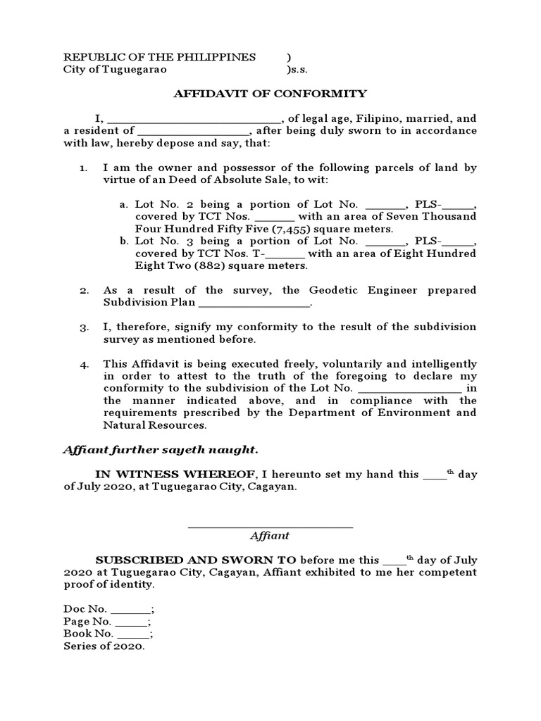 Affidavit of Conformity Regarding the Subdivision of Two Parcels of ...