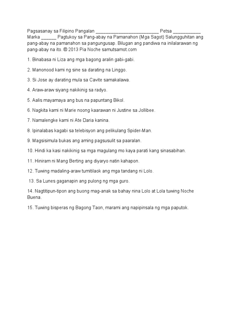 Pagsasanay Sa Pang-Abay | PDF