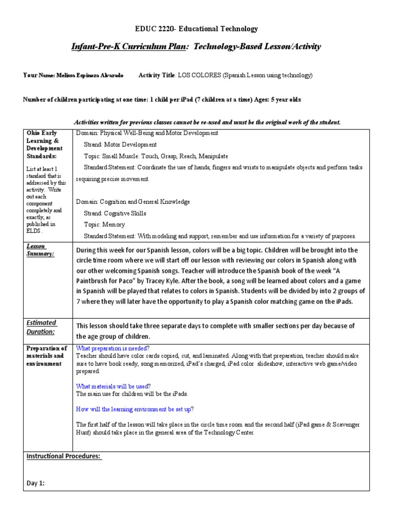 Ed Tech ECDE Activity Plan | PDF | Classroom | Educational Technology