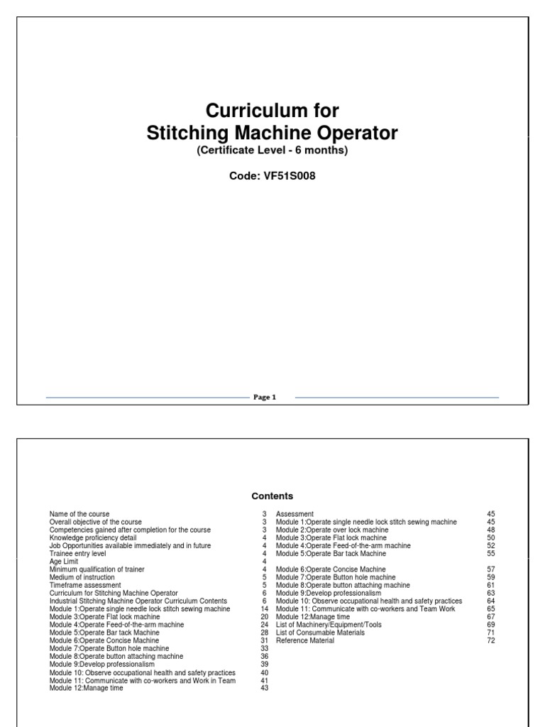 Curriculum For Stitching Machine Operator: (Certificate Level - 6 ...