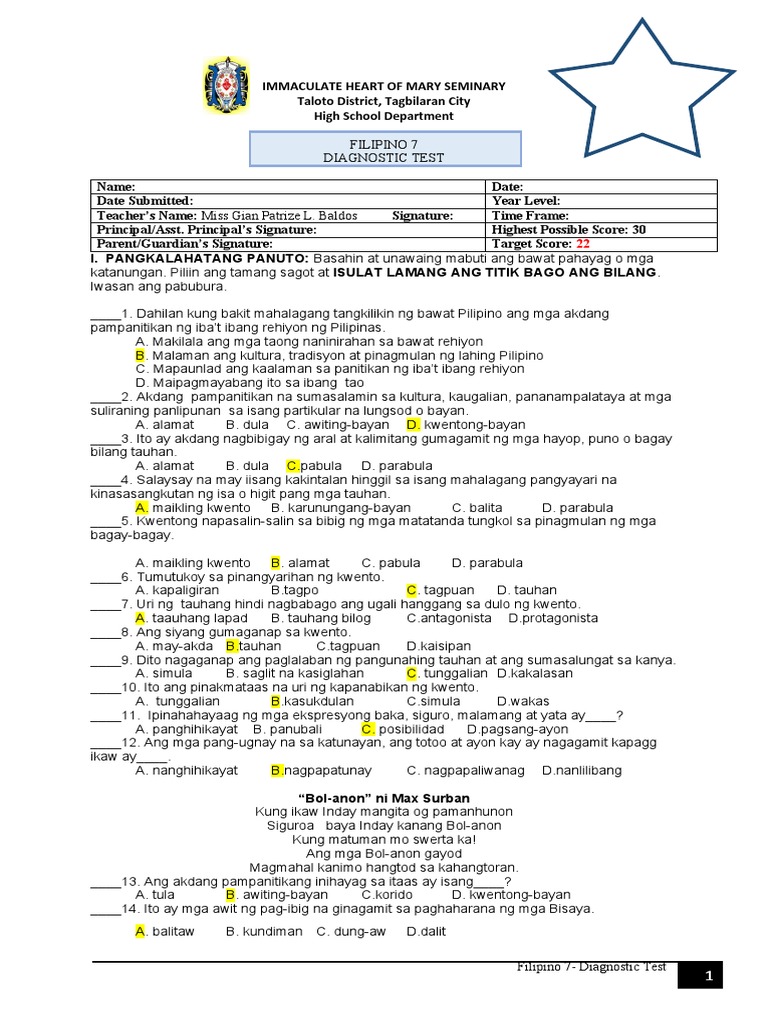 Grade 7 - Diagnostic Test | PDF