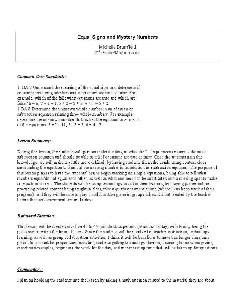 Equal Signs and Mystery Numbers | PDF | Educational Assessment ...