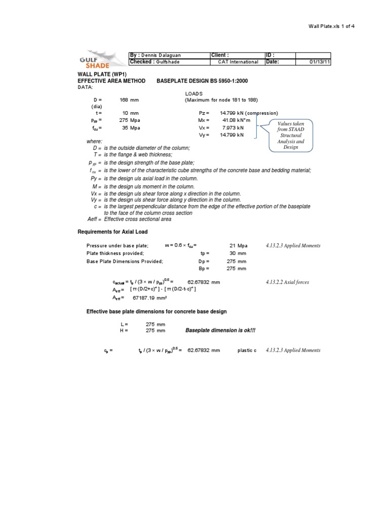 By: Client: ID: Checked: Date: Wall Plate (Wp1) Effective Area Method BASEPLATE DESIGN BS 5950-1 ...