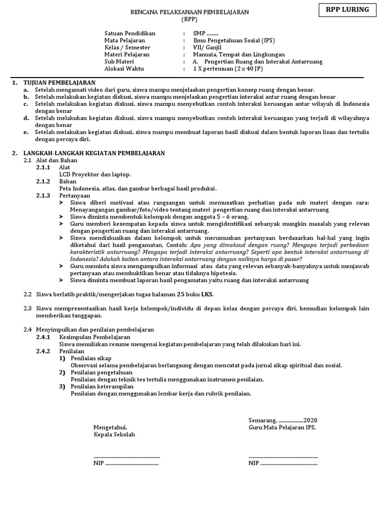 Contoh RPP 1 Lembar SE Mendikbud IPS Daring Luring | PDF