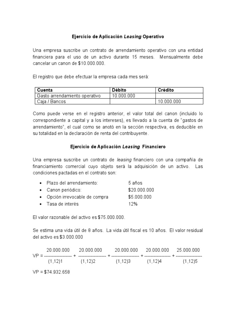 Ejercicios de Aplicación Leasing 2018 | PDF | Depreciación | Arrendamiento