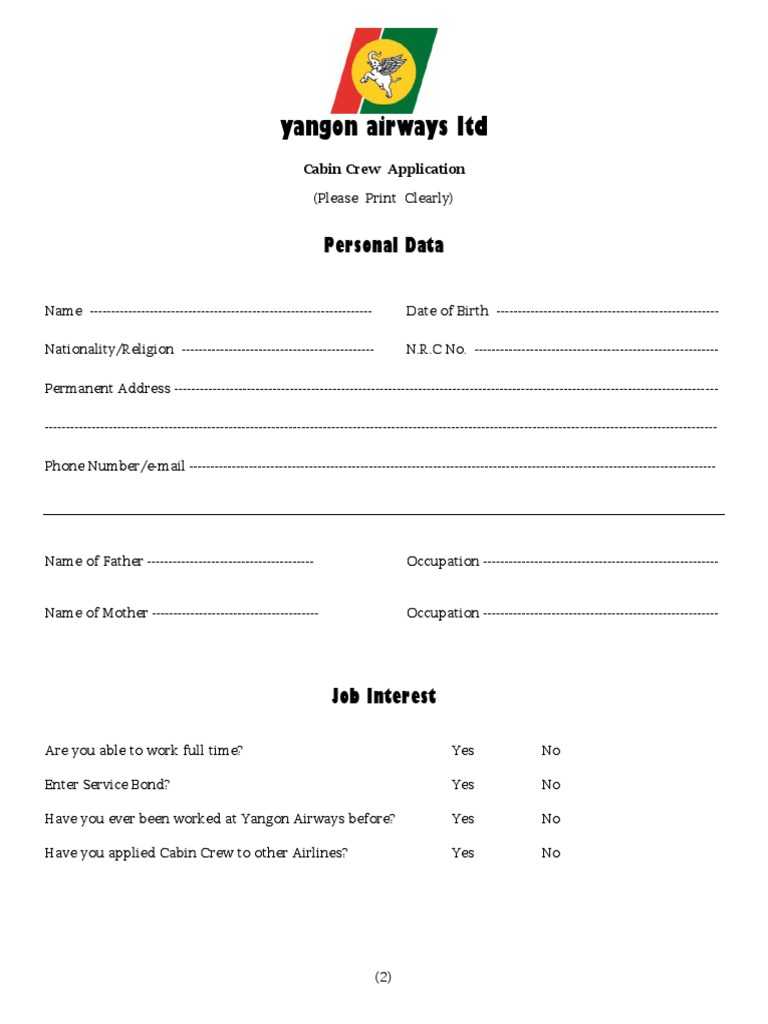 Cabin Application Form PDF | PDF | Flight Attendant | Aviation