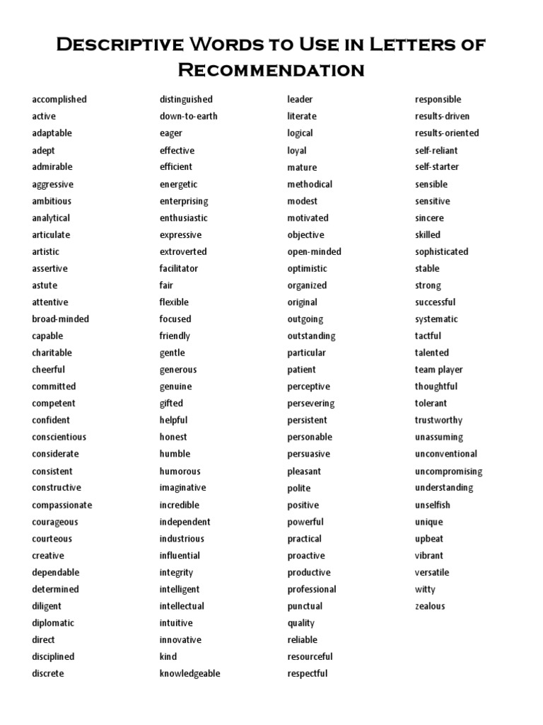 Adjectives for Recommendation Letters | PDF