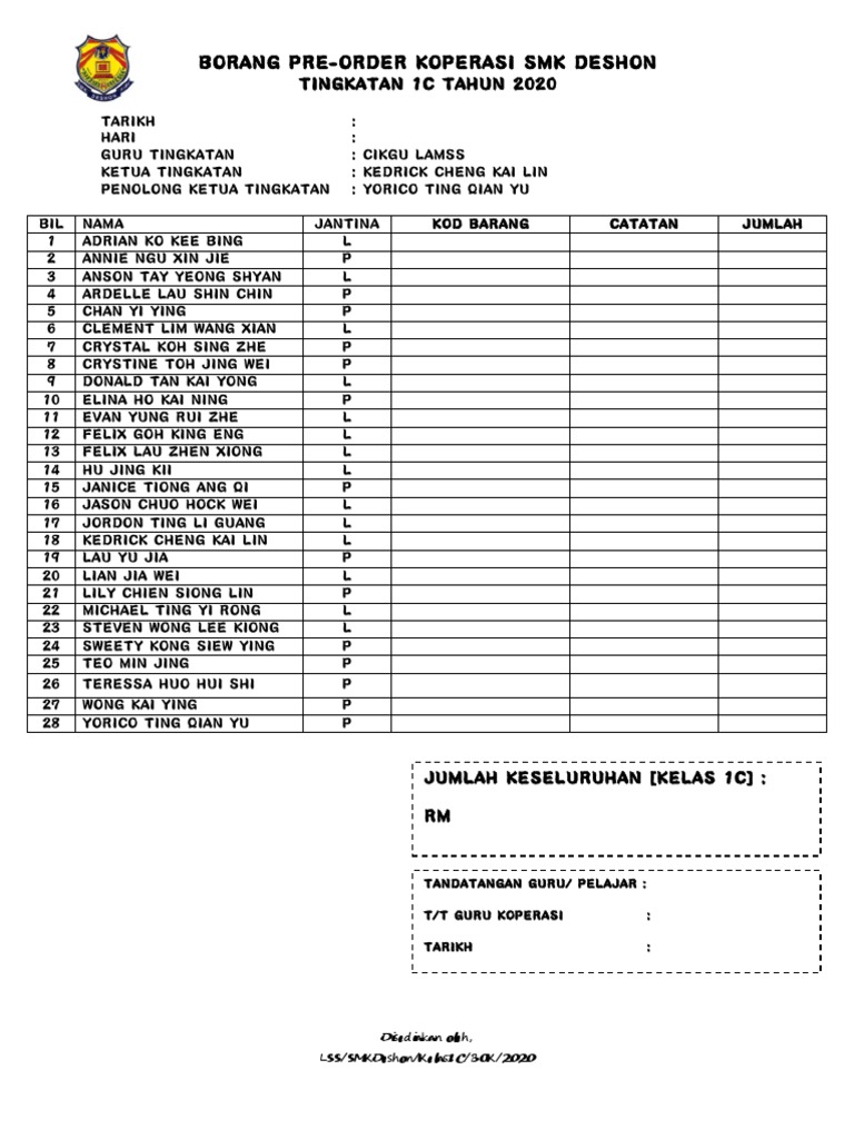 Borang Pre-Order Koperasi Kelas 1C PDF | PDF