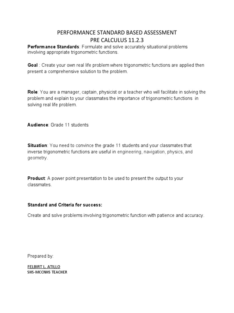 Performance Standard Based Assessment Pre Calculus 11.2.3: Engineering ...