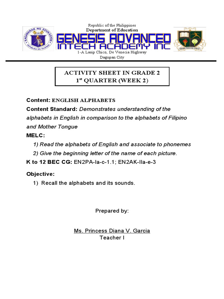 Activity Sheet in Grade 2 1 Quarter (Week 2) | PDF | Alphabet | English ...