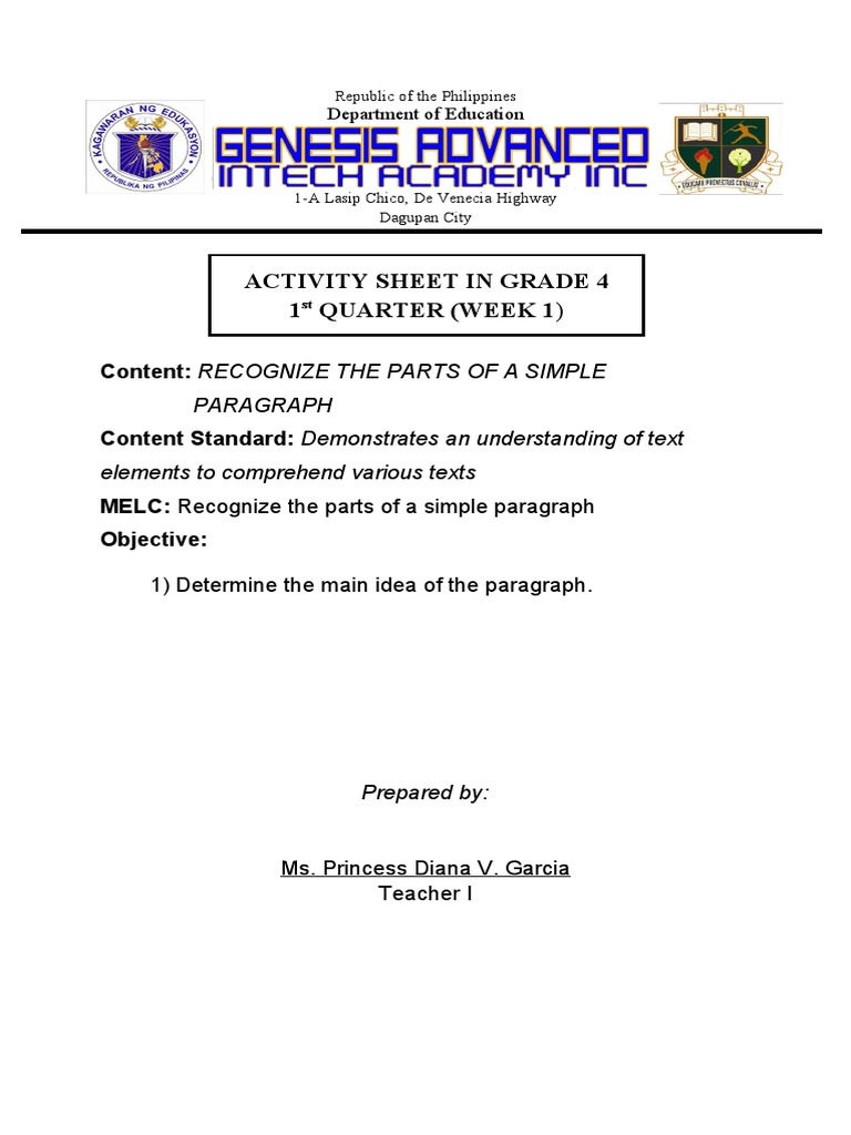 Activity Sheet in Grade 4 1 Quarter (Week 1) : Content: Recognize The ...