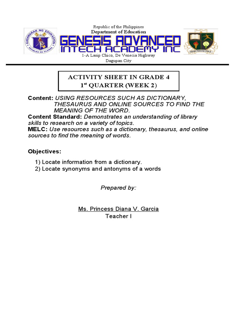 Activity Sheet in Grade 4 1 Quarter (Week 2) : Content: Using Resources ...