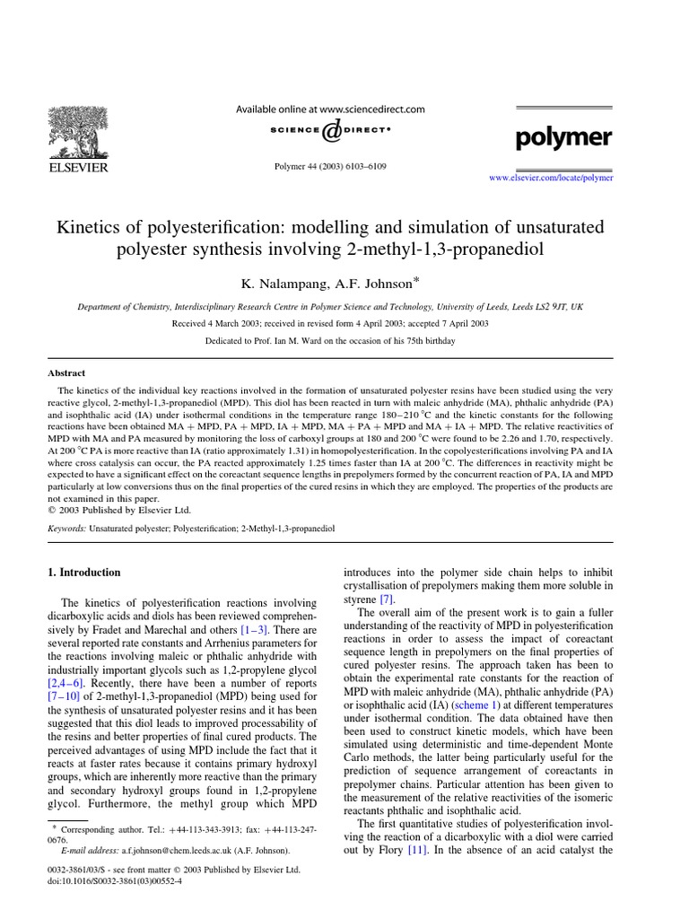 Kinetics of Polyesterification: Modelling and Simulation of Unsaturated ...