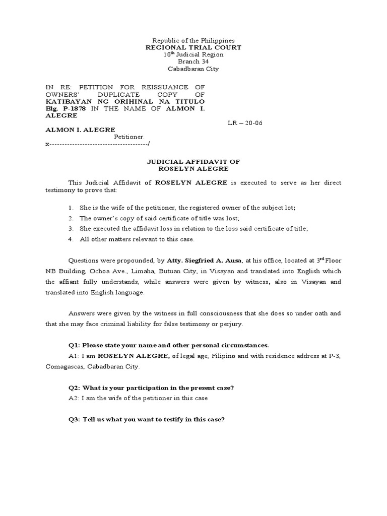 Judicial Affidavit (Roselyn Alegre) | PDF | Affidavit | Perjury