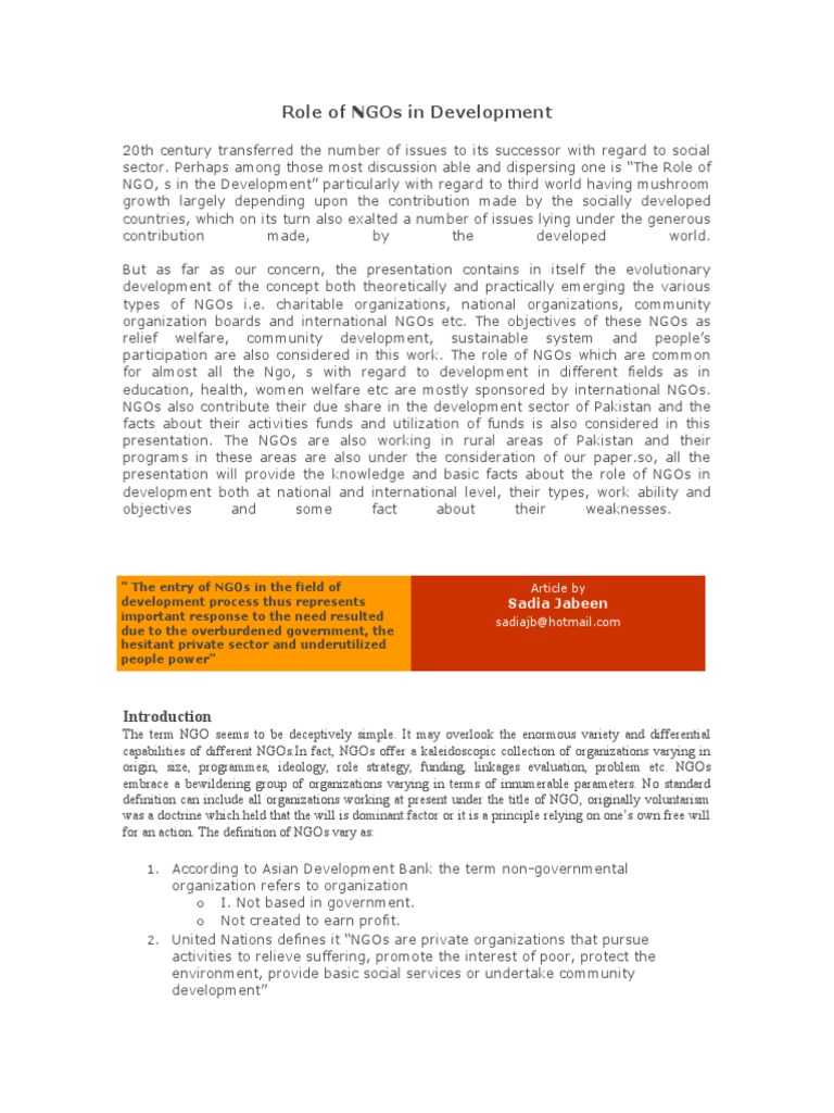 Role of NGOs in Development | PDF | Non Governmental Organization | Policy