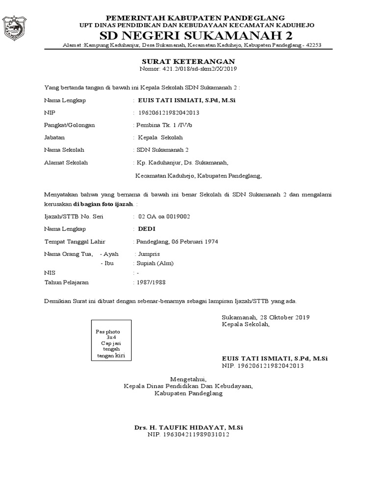 Surat Keterangan Foto Rusak STTB | PDF