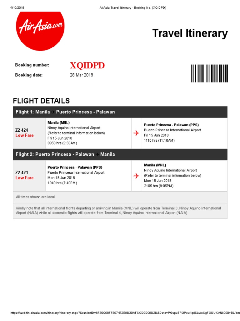 AirAsia Travel Itinerary Booking No. XQIDPD | PDF | Aviation | Business