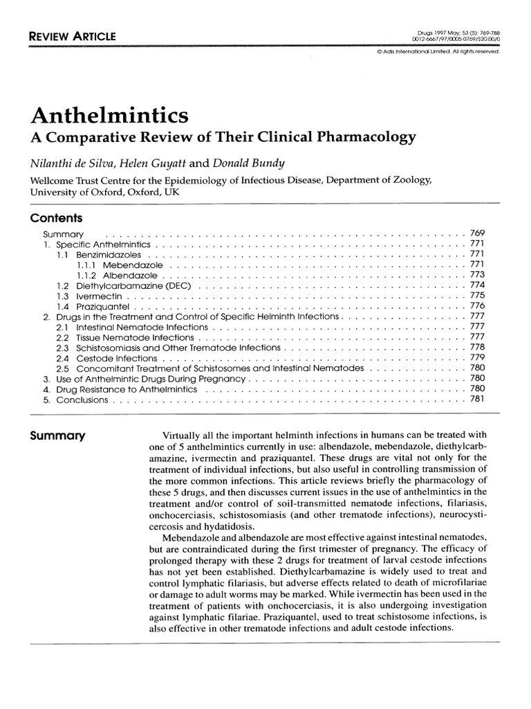 Anthelmintics: A Comparative Review of Their Clinical Pharmacology | PDF | Infection | Health ...