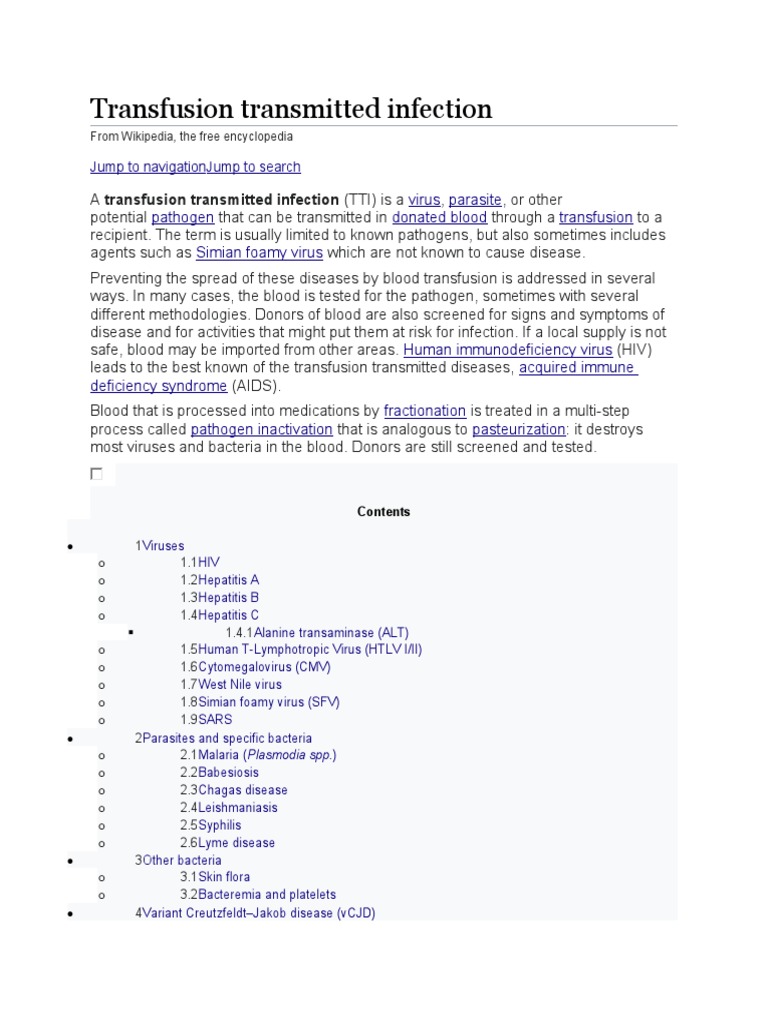 Transfusion Transmitted Infection: Virus Parasite Pathogen Donated ...
