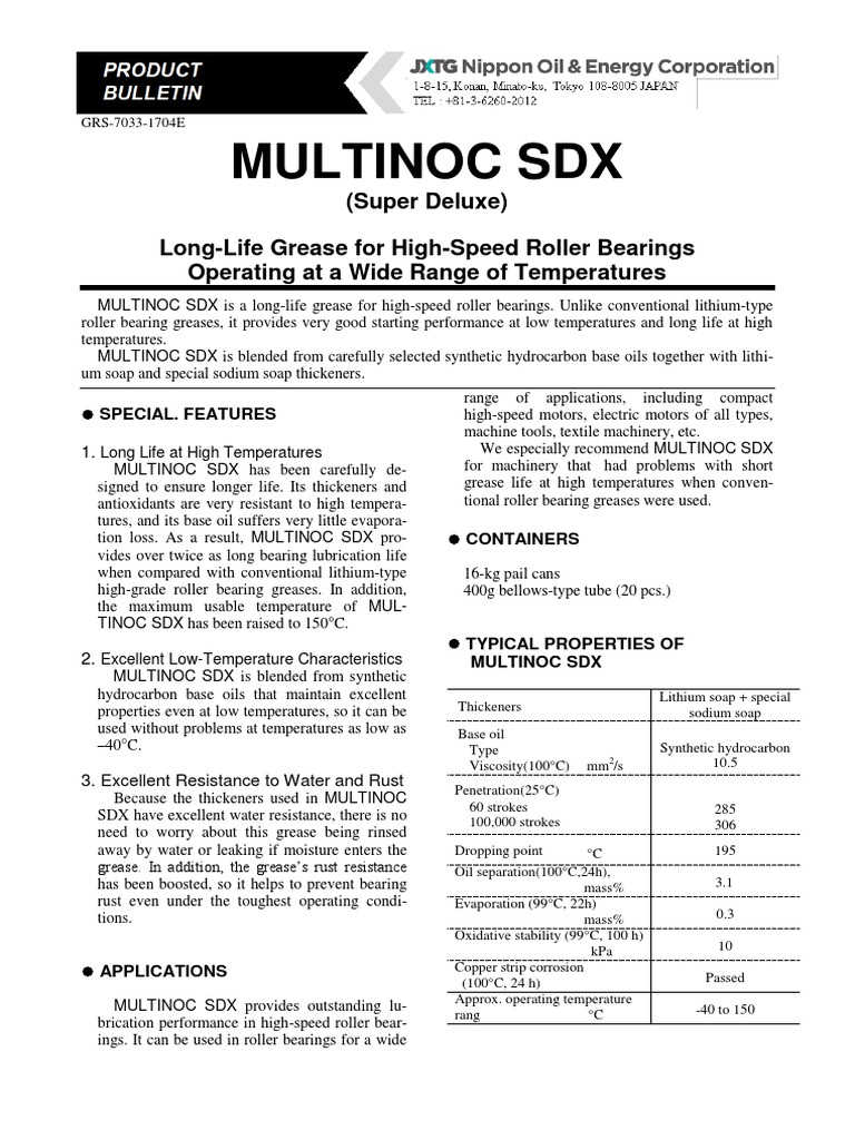 Multinoc Sdx-Nlgi 2 PDF | PDF | Bearing (Mechanical) | Mechanical ...