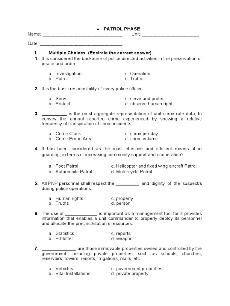 PATROL PHASE Examination | PDF | Patrol | Arrest