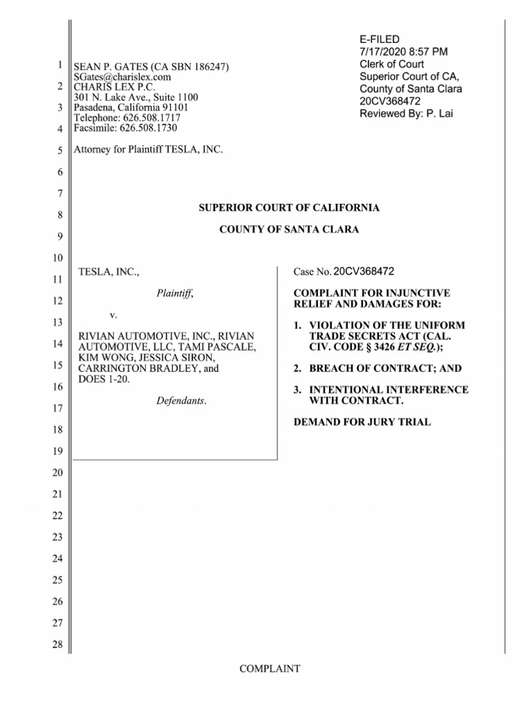 Tesla Vs Rivian Lawsuit | PDF | Non Disclosure Agreement | Trade Secret