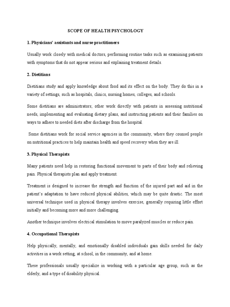 Scope of Health Psychology 1. Physicians' Assistants and Nurse ...