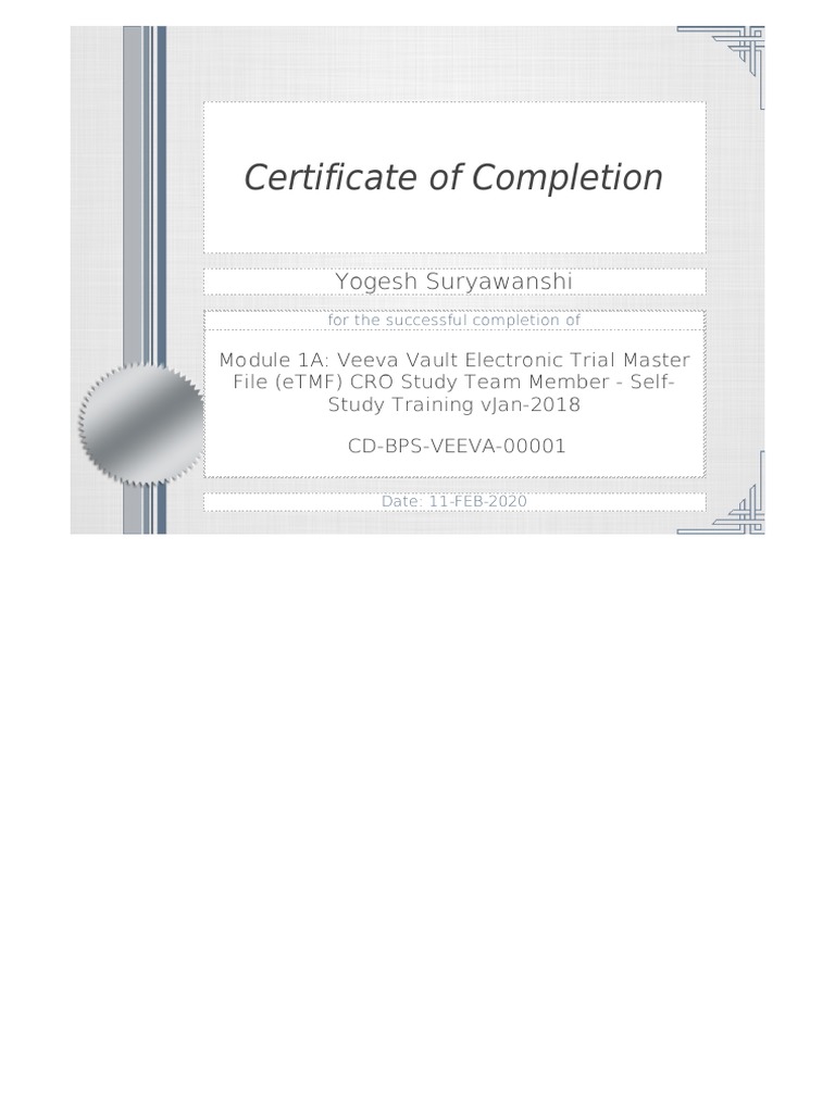 Veeva eTMF Training Certificate | PDF
