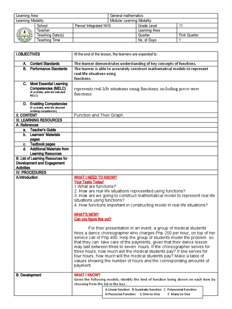 Modeling Real-Life Situations Using Functions | PDF | Function ...