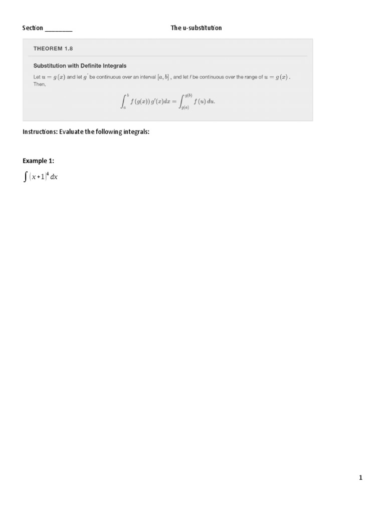 Section - The U-Substitution: Example 1 | PDF