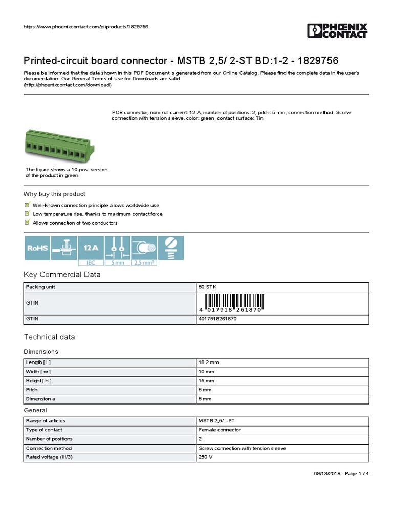 Printed-Circuit Board Connector - MSTB 2,5/ 2-ST BD:1-2 - 1829756 | PDF ...