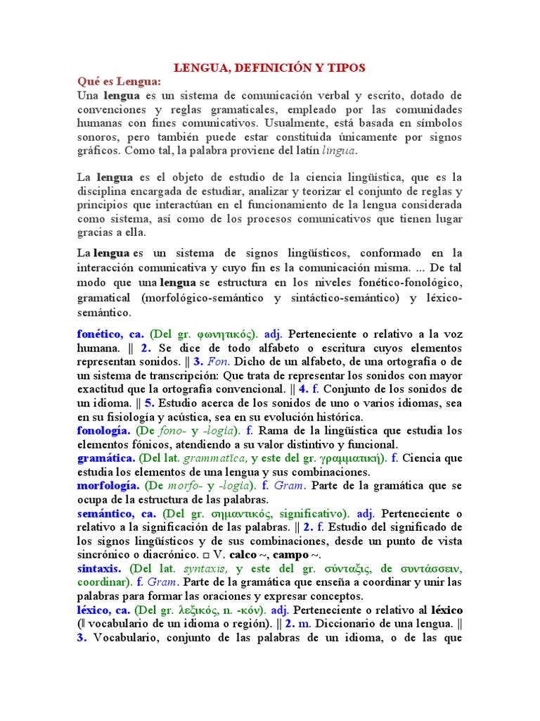 Lengua Definición y Tipos, Habla | PDF | Habla | Palabra