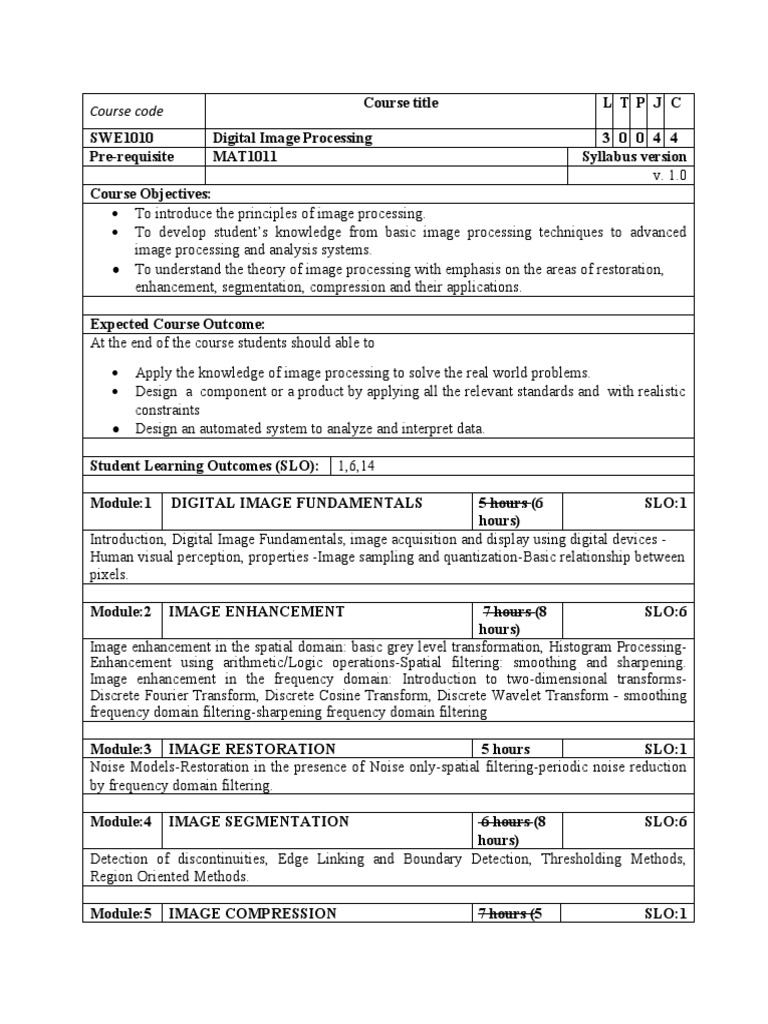 SWE1010 - Digital Image Processing With SLO | PDF | Data Compression | Image Segmentation