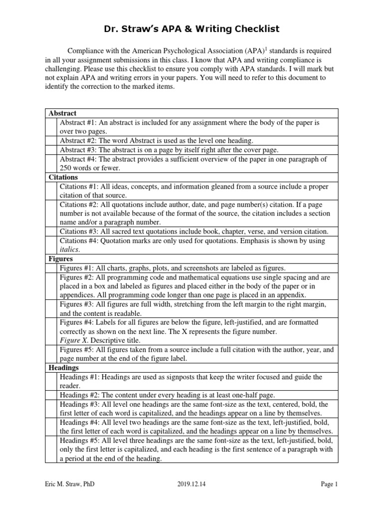 Dr. Straw's APA and Writing Checklist 2019.12.14 | PDF | Citation | Apa ...