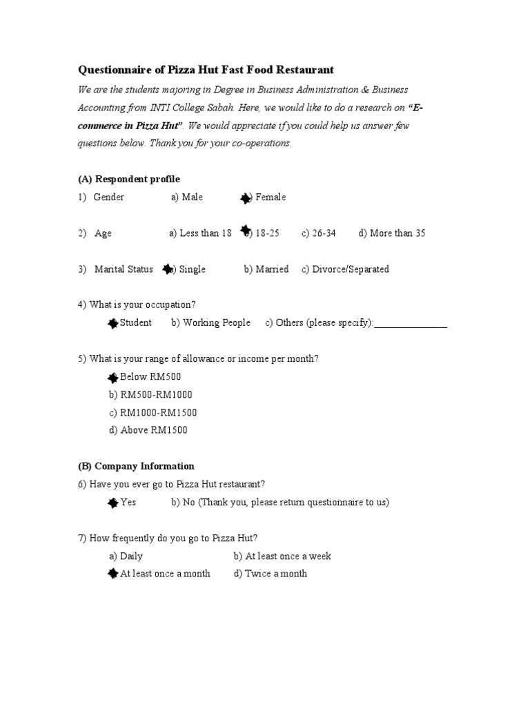 Questionnaire of Pizza Hut Fast Food Restaurant | PDF | Pizza | Fast ...