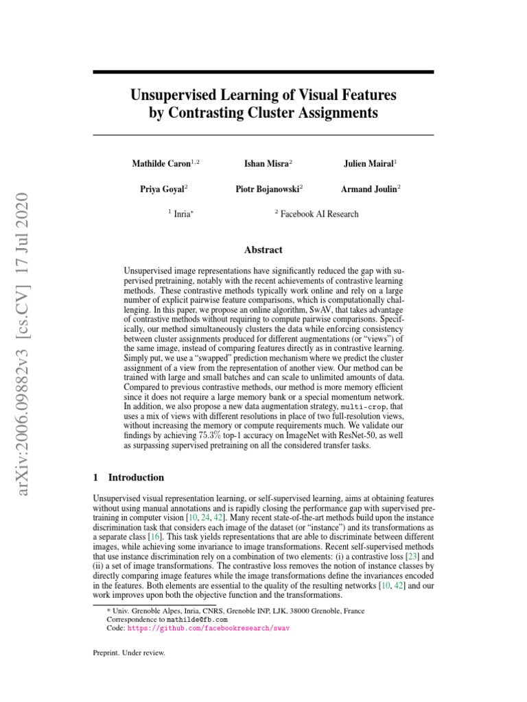 Unsupervised Learning of Visual Features by Contrasting Cluster Assignments | PDF | Statistical ...