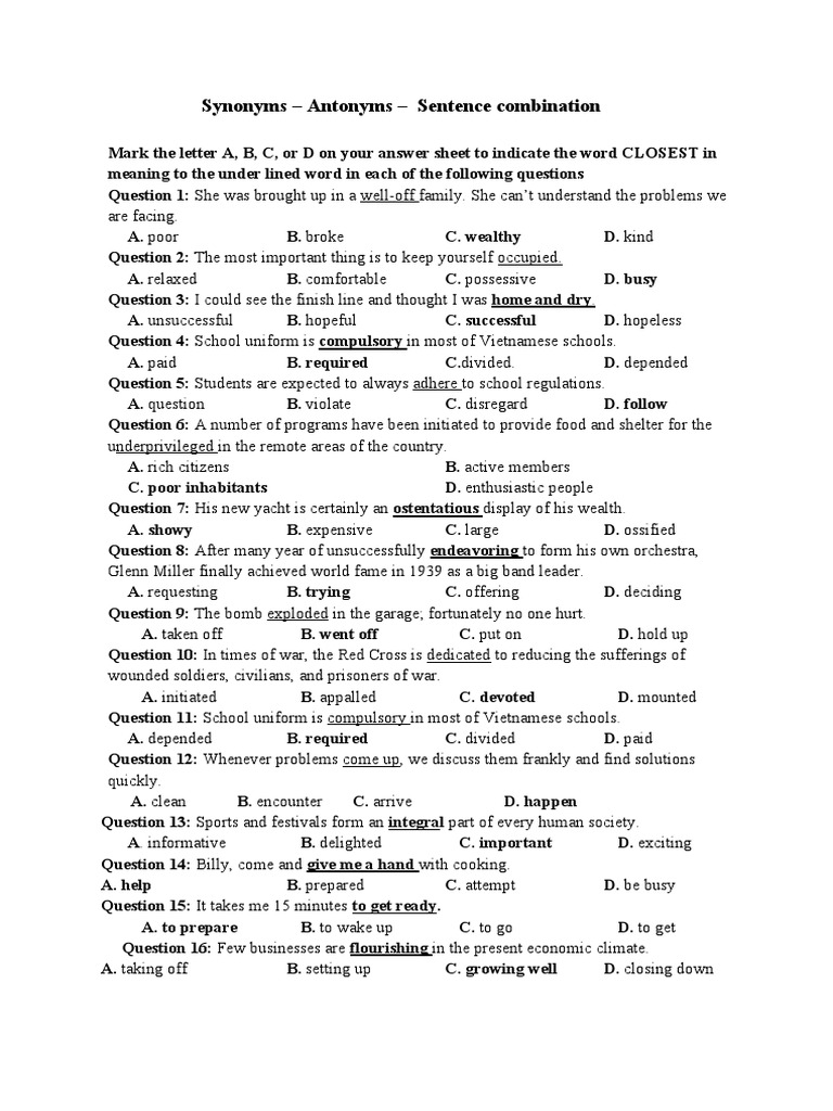 Synonyms - Antonyms - Sentence Combination: Are Facing | PDF
