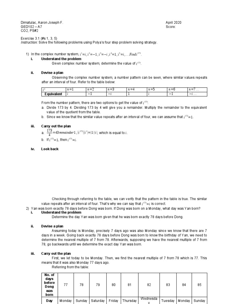 Instruction: Solve The Following Problems Using Polya's Four Step ...