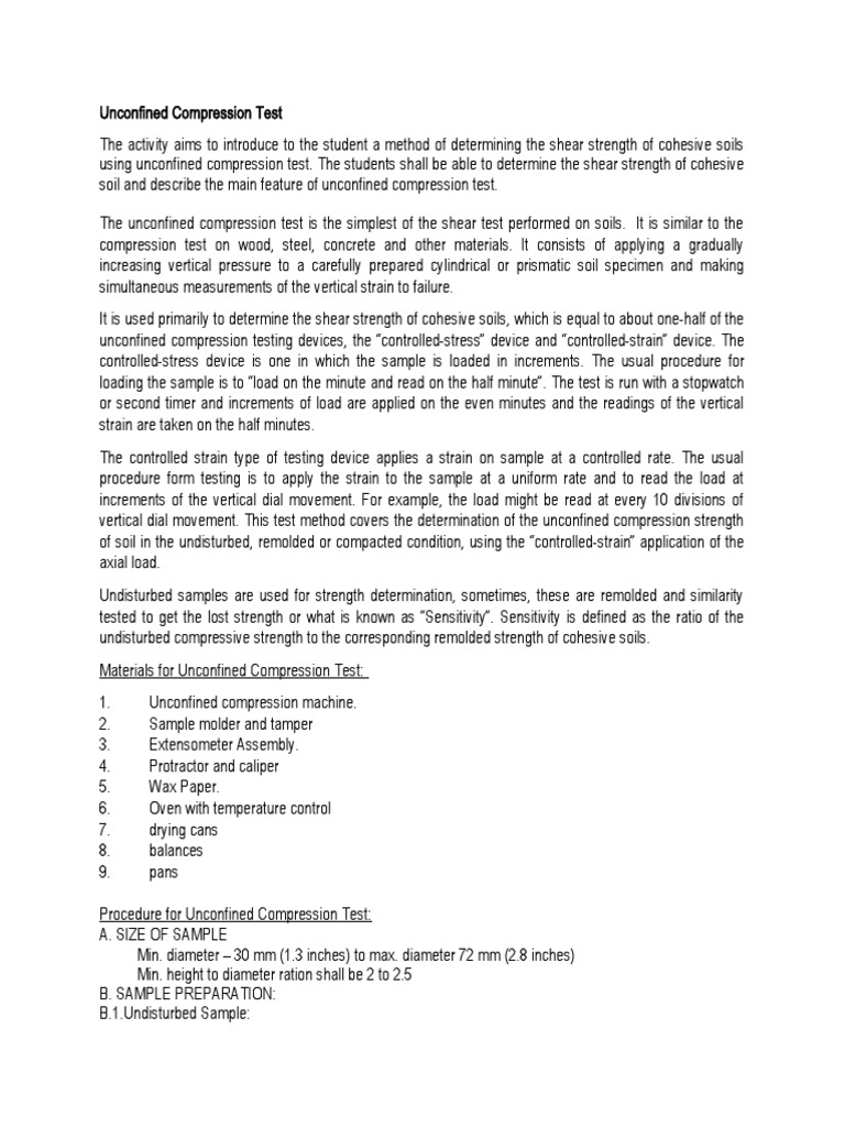 Unconfined Compression Test | PDF | Deformation (Engineering ...