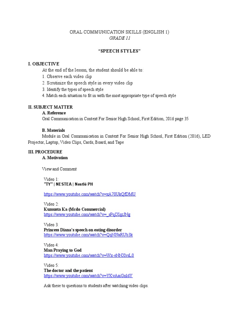 Oral Communication Skills (English 1) Grade 11: "Speech Styles" I ...