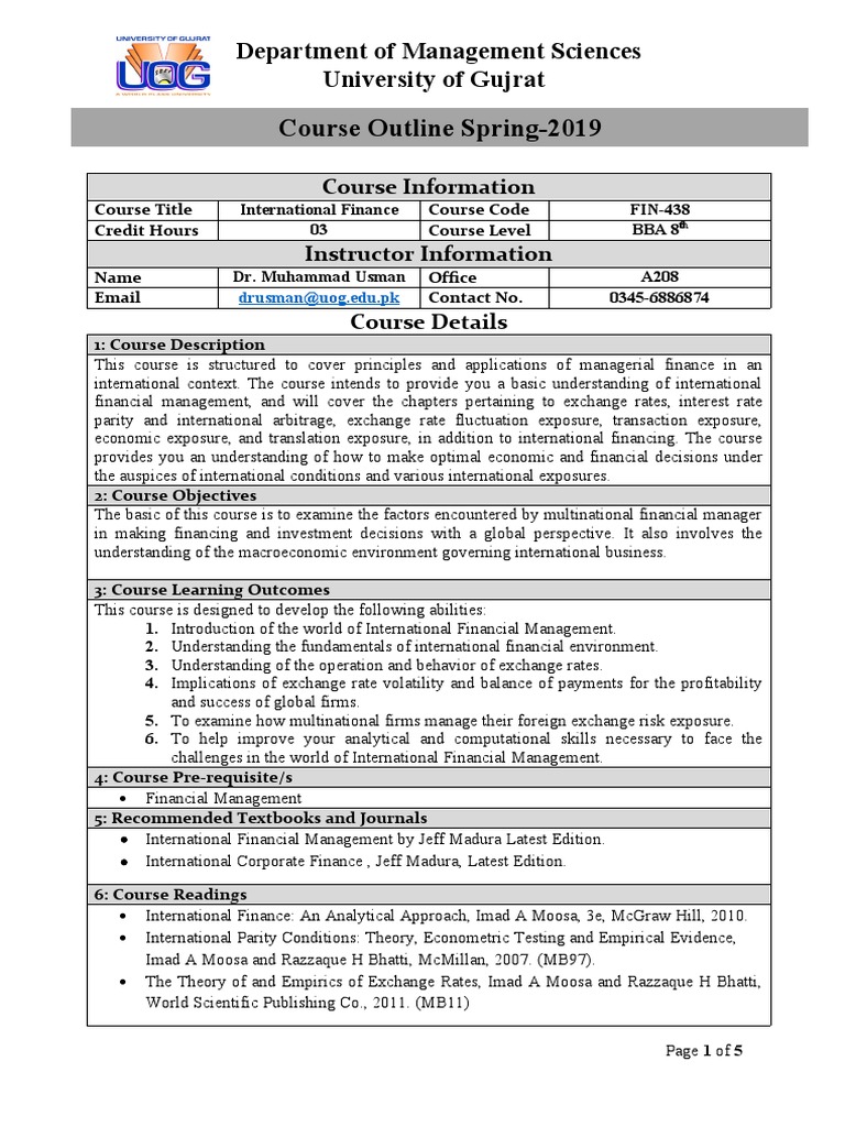 Course Outline Spring-2019: Department of Management Sciences University of Gujrat | PDF ...