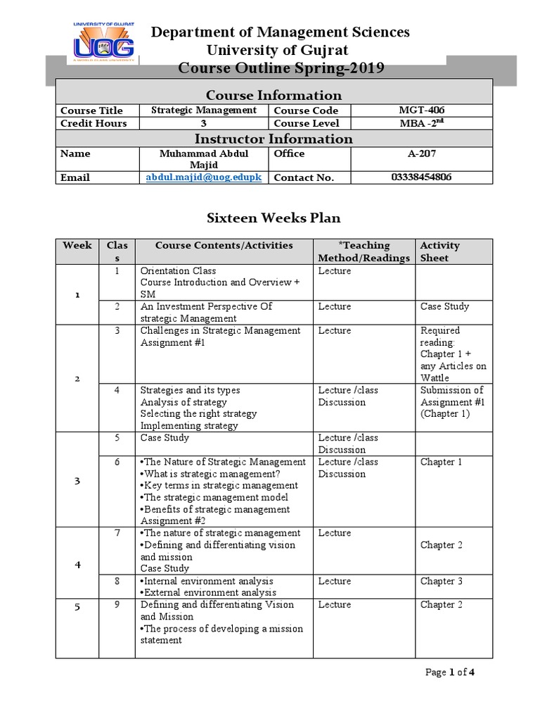 Course Outline Spring-2019: Department of Management Sciences University of Gujrat | PDF ...