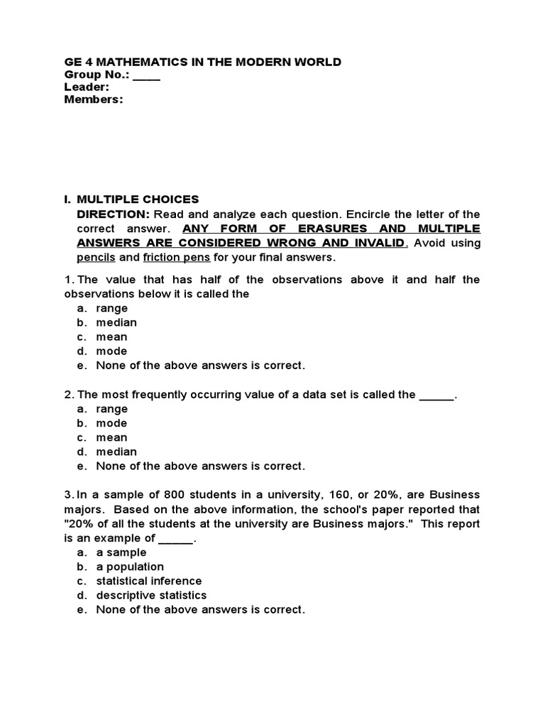 GE 4 Mathematics Exam Review | PDF | Mean | Standard Deviation