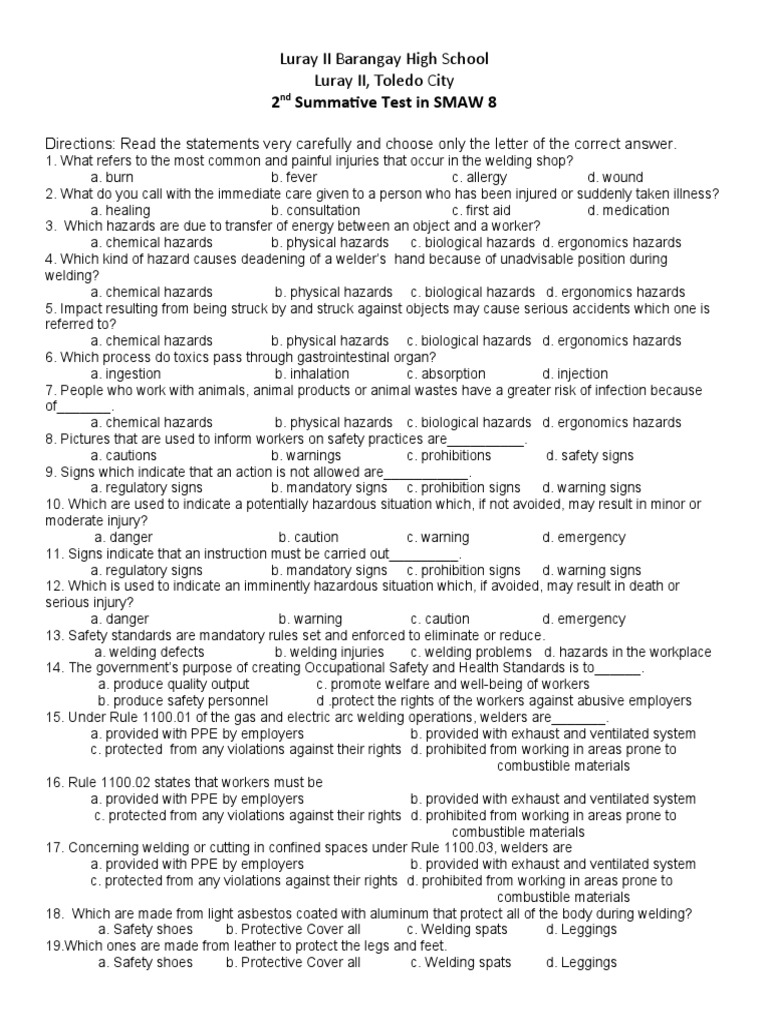 2nd Summative Test Smaw 8 | PDF | Personal Protective Equipment | Hazards