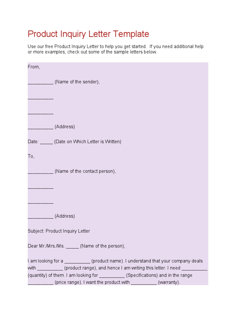 Product Inquiry Letter Template | PDF