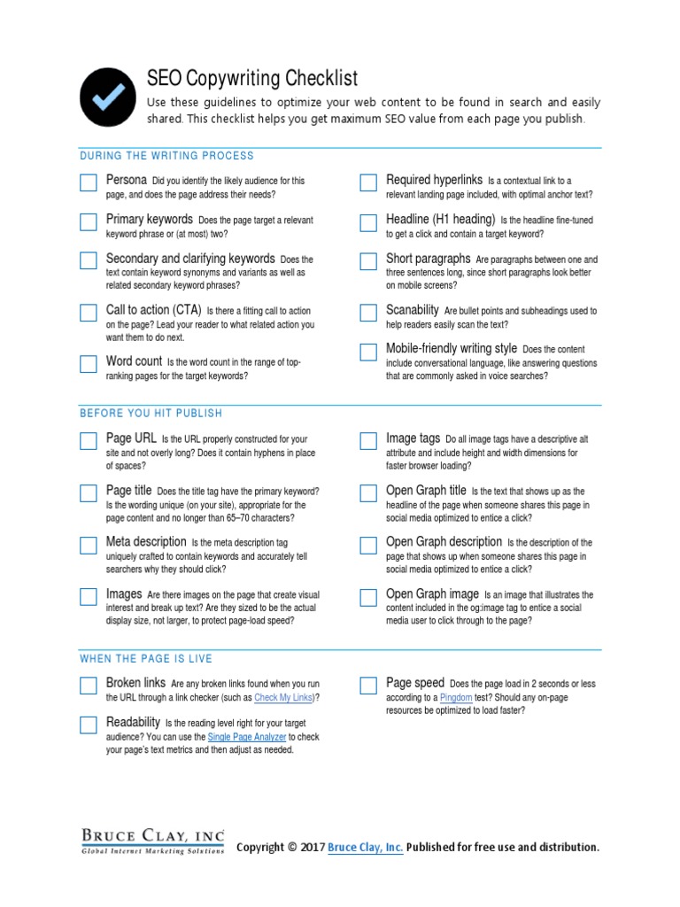 Seo Copywriting Checklist Bybruceclayinc | PDF | Search Engine Optimization | Internet Search