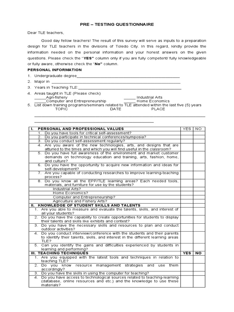 Pre - Testing Questionnaire: Personal Information | PDF | Data Analysis ...