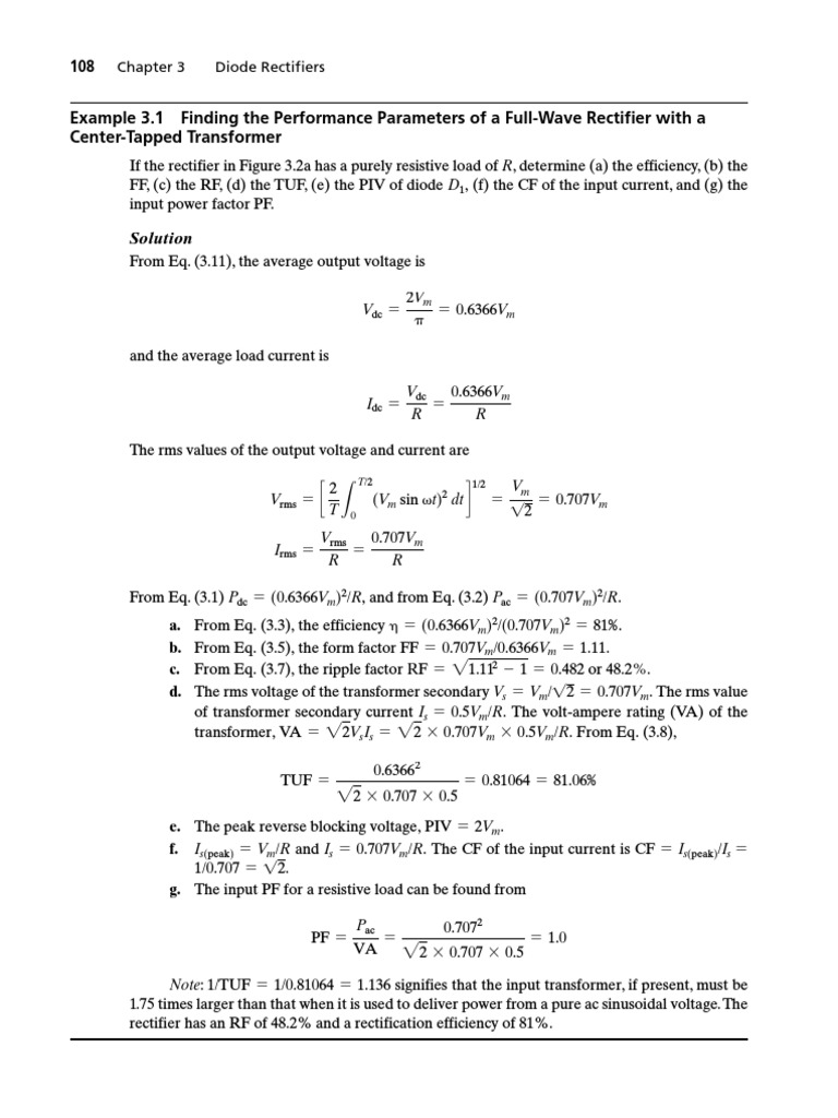 Example 3.1 Finding The Performance Parameters of A Full-Wave Rectifier ...